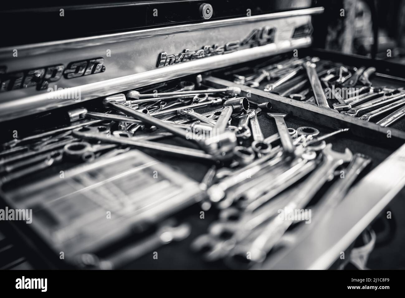 The grayscale close-up shot of tools in a Snap-On toolbox Stock Photo ...