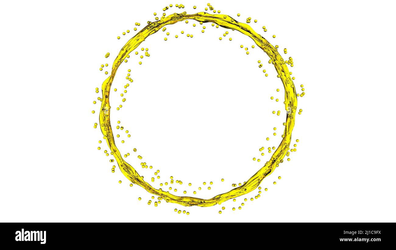 Oil drops and liquid splash isolated on empty white background. Yellow ...