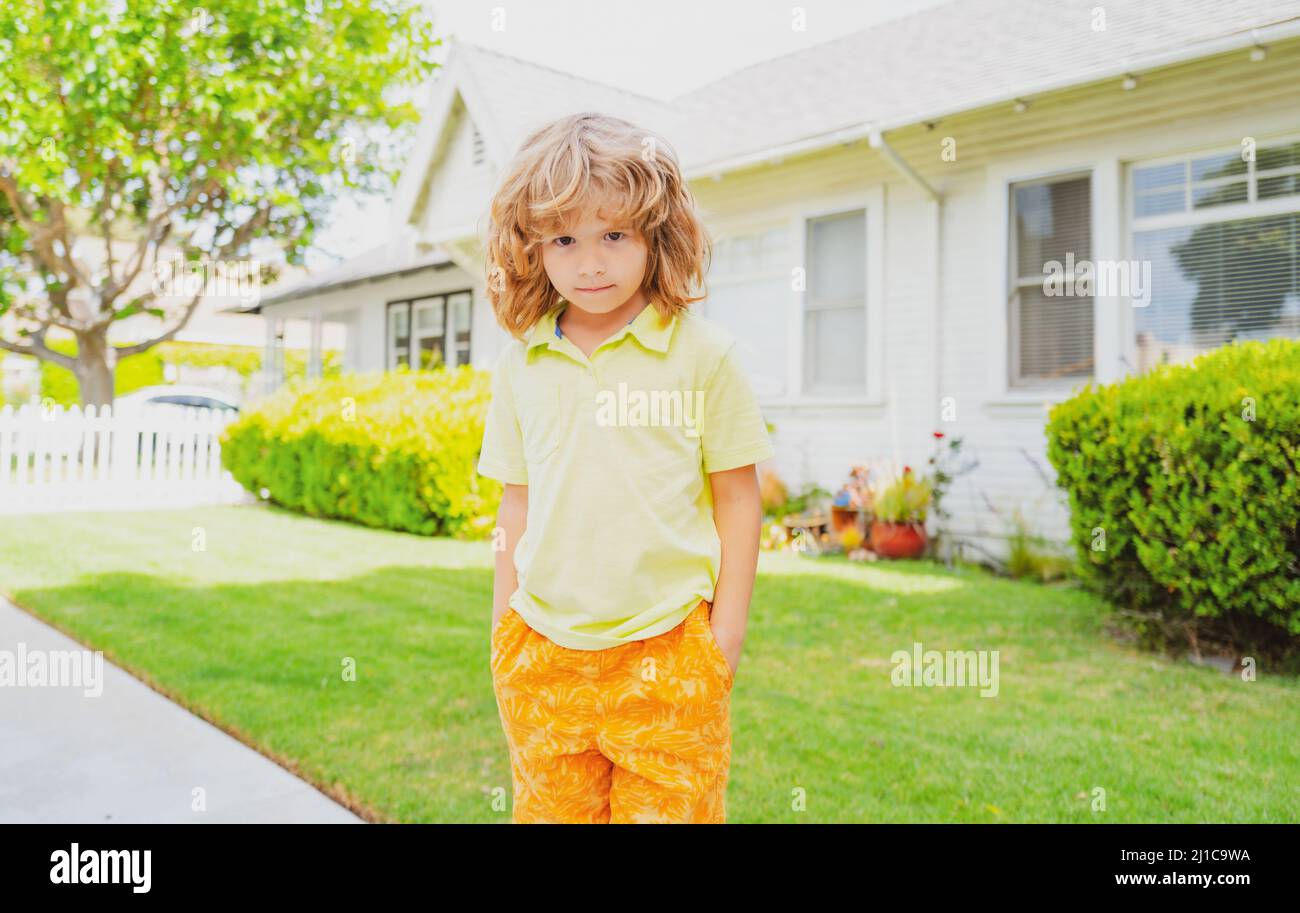 Kids funny face. Expression on smart face thinking serious Stock Photo ...