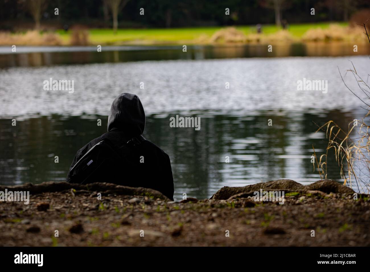 Person sitting alone by the water staring off at lake with green grass ...