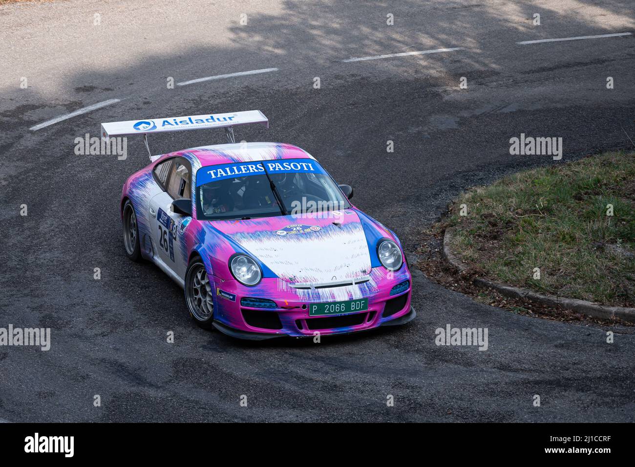 The Porsche 997 GT3 Cup Rallye in Lloret de Mar asphalt rally Stock ...