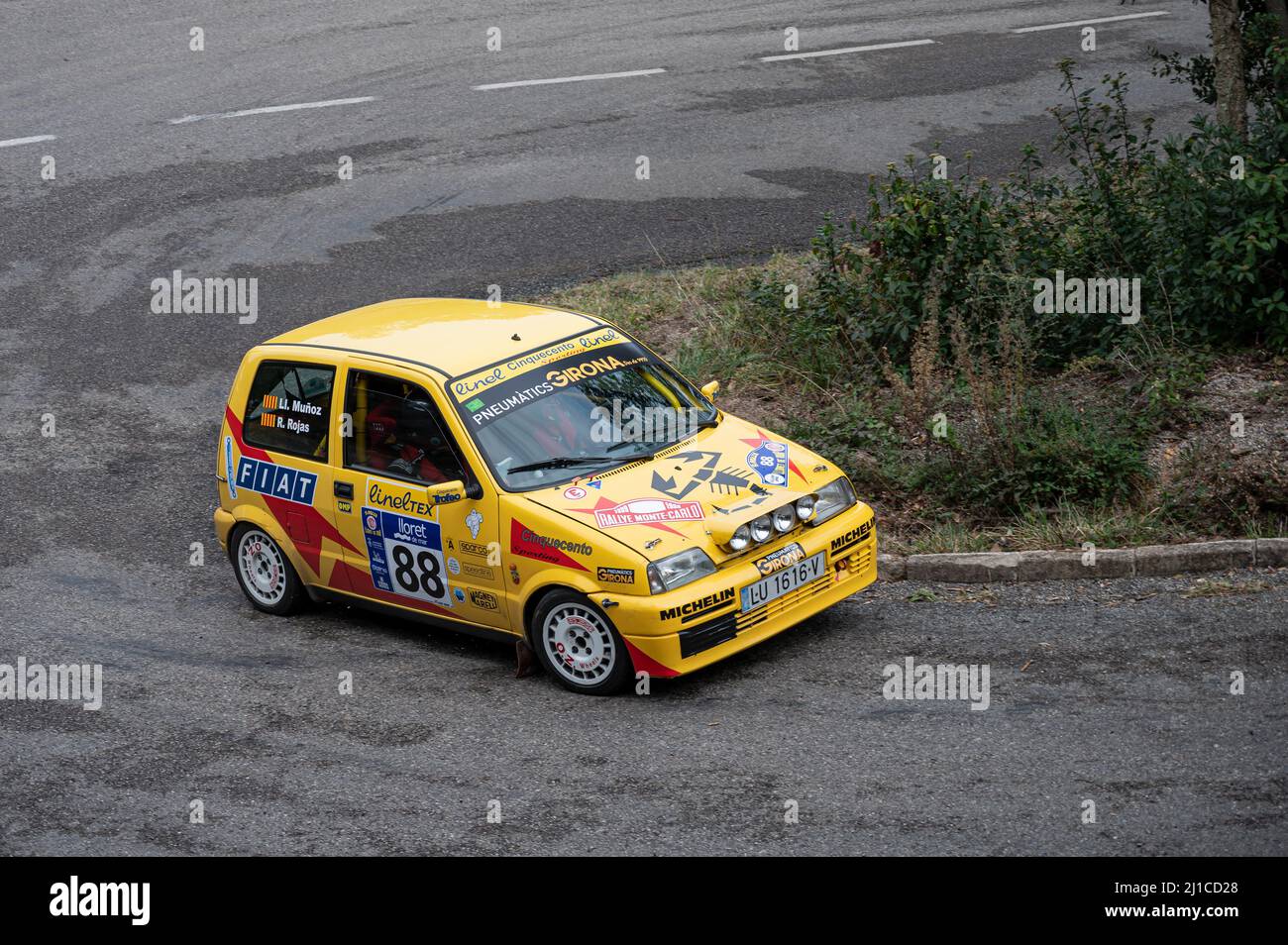 A closeup of a Fiat Cinquecento Sporting during a rally in Lloret de ...