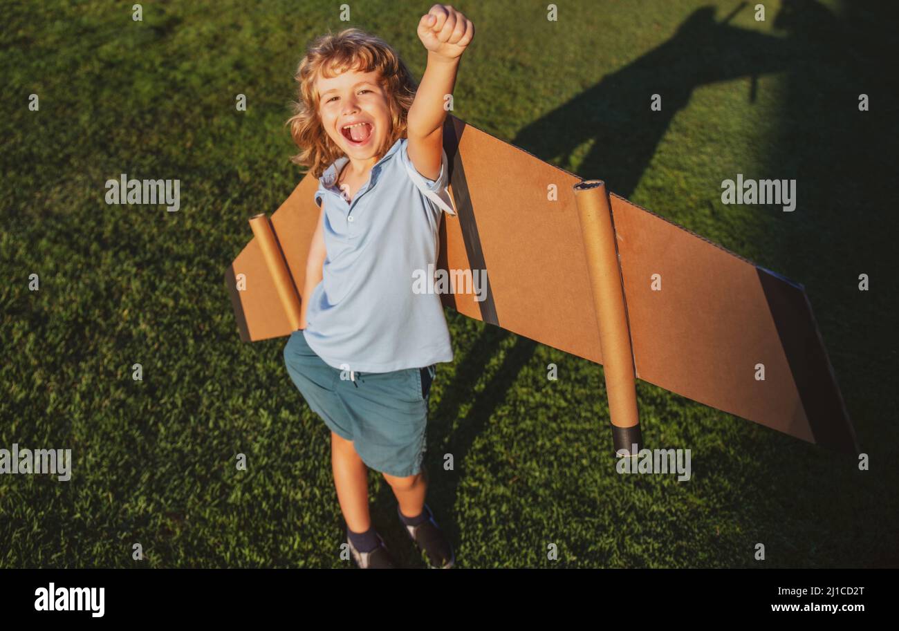 Excited kid boy leader and winner, success start up. Excited child boy ...