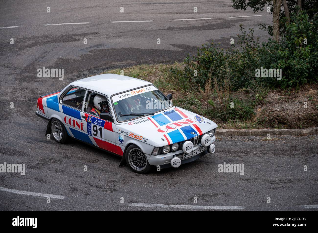 A closeup of a BMW E21 323i in 9 Lloret de Mar asphalt rally Stock ...
