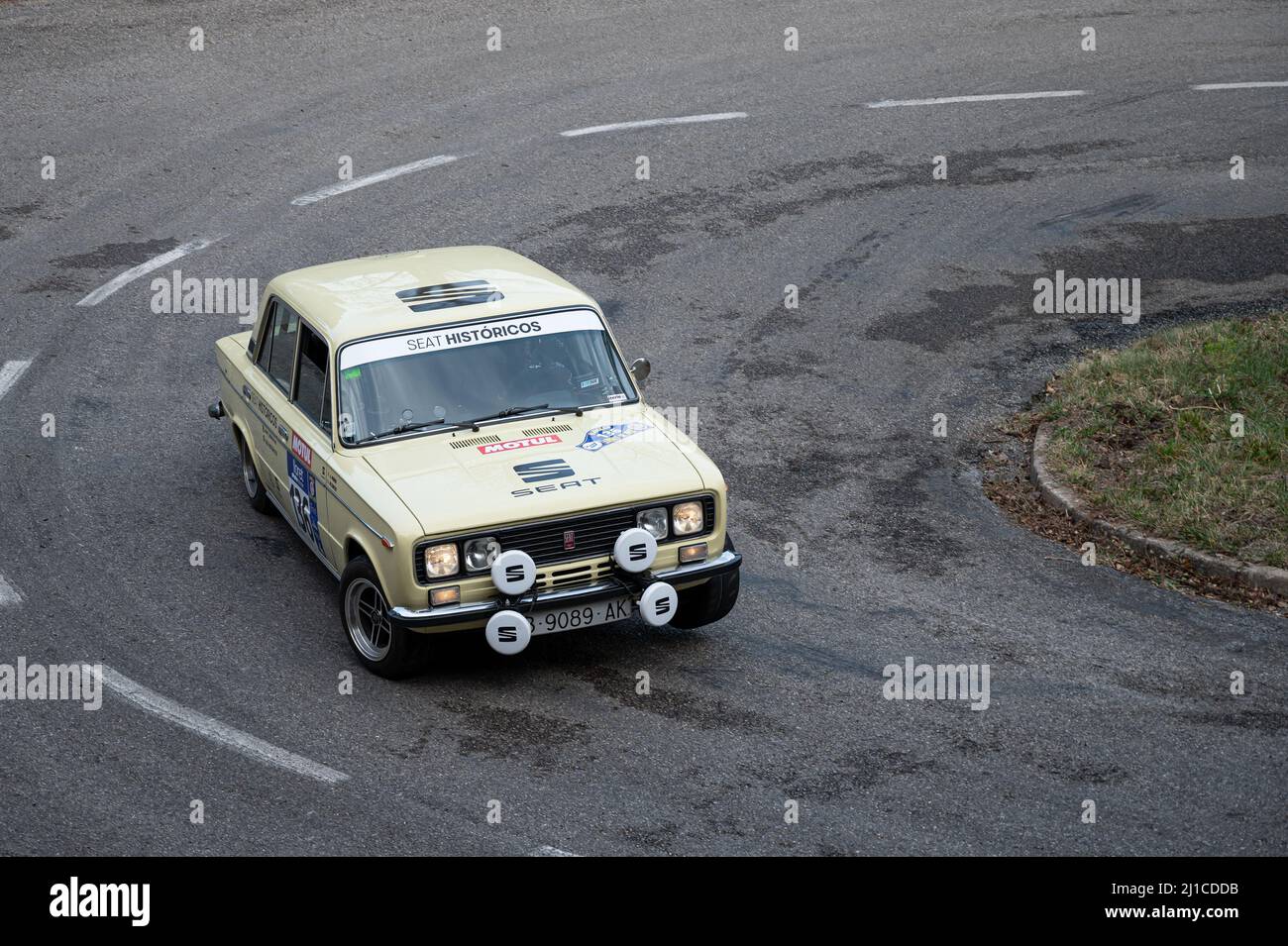 A closeup of a Seat 1430 FU 1600 in 9 Lloret de Mar asphalt rally Stock ...