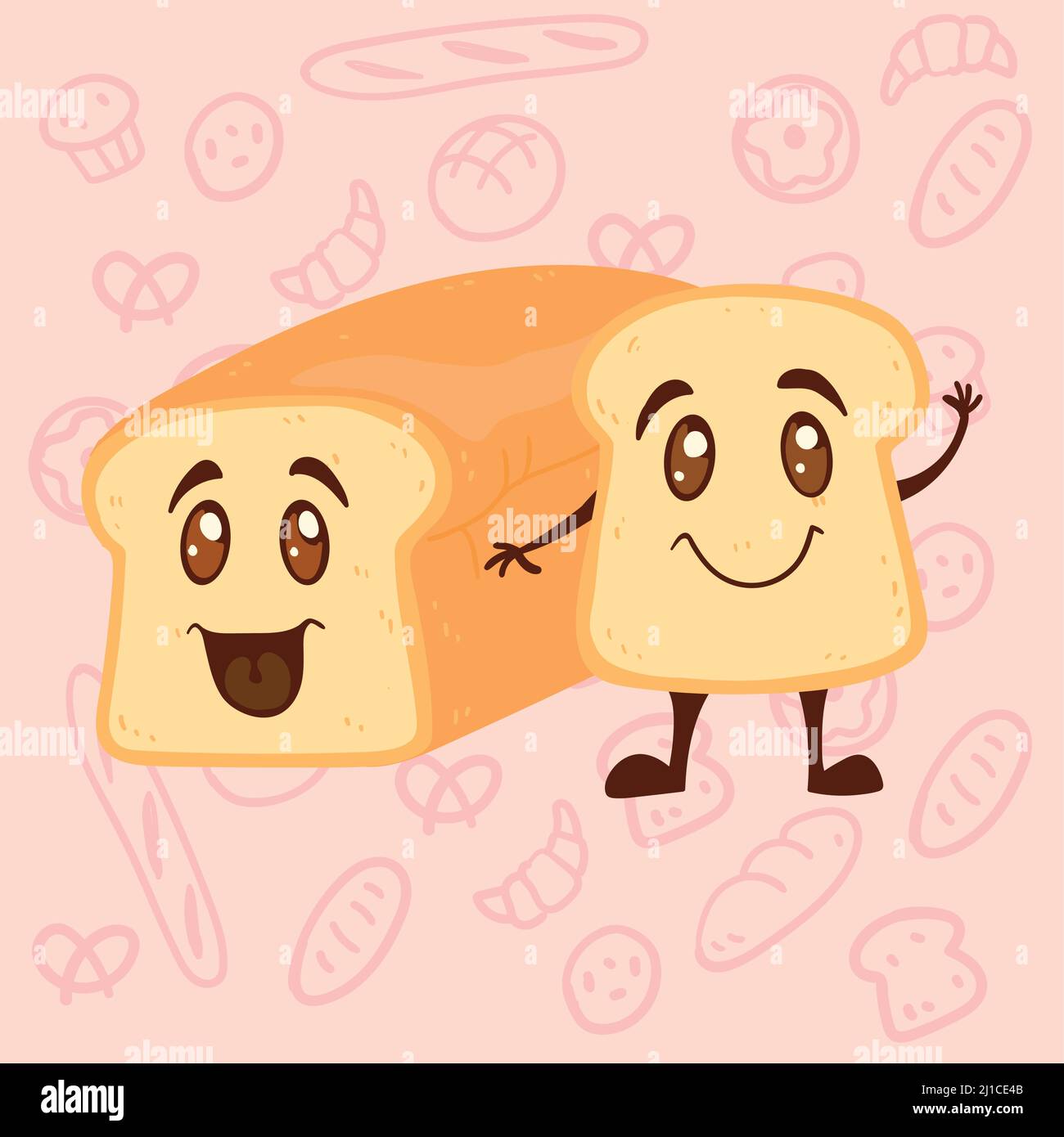 Isolated pair of happy cute bread cartoons Pattern background Vector ...