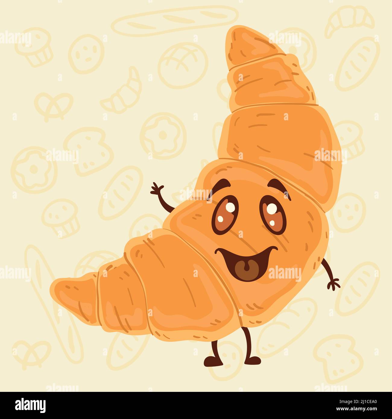Isolated happy cute croissant cartoon character Bakery background ...