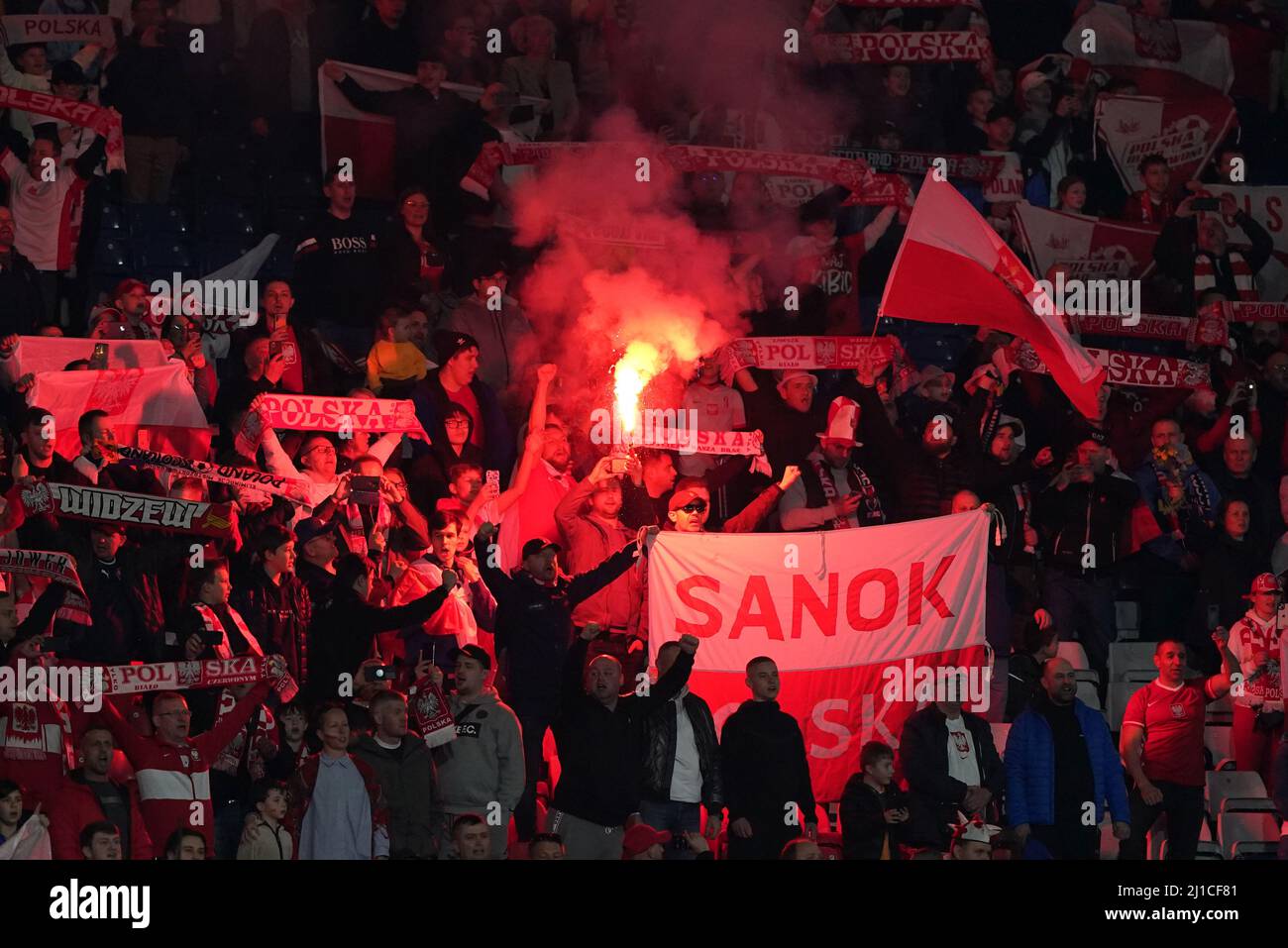 Poland fans set off a flare in the stands during the International ...