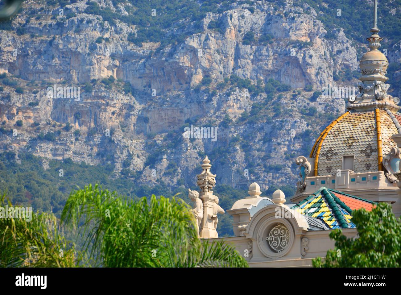 A closeup of the roof ornamentations and sculptures of Opera de Monte ...