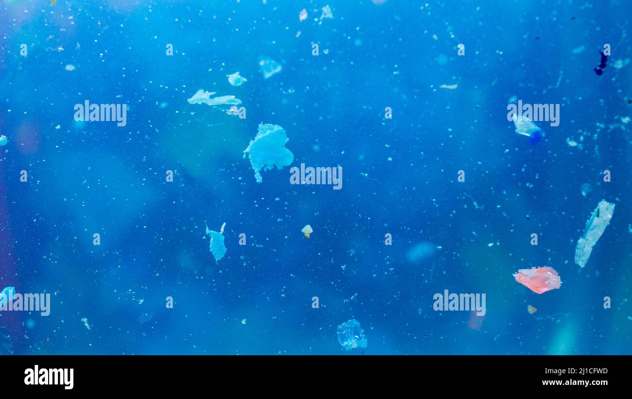 Microplastics on the surface of polluted water. Concept of global ...