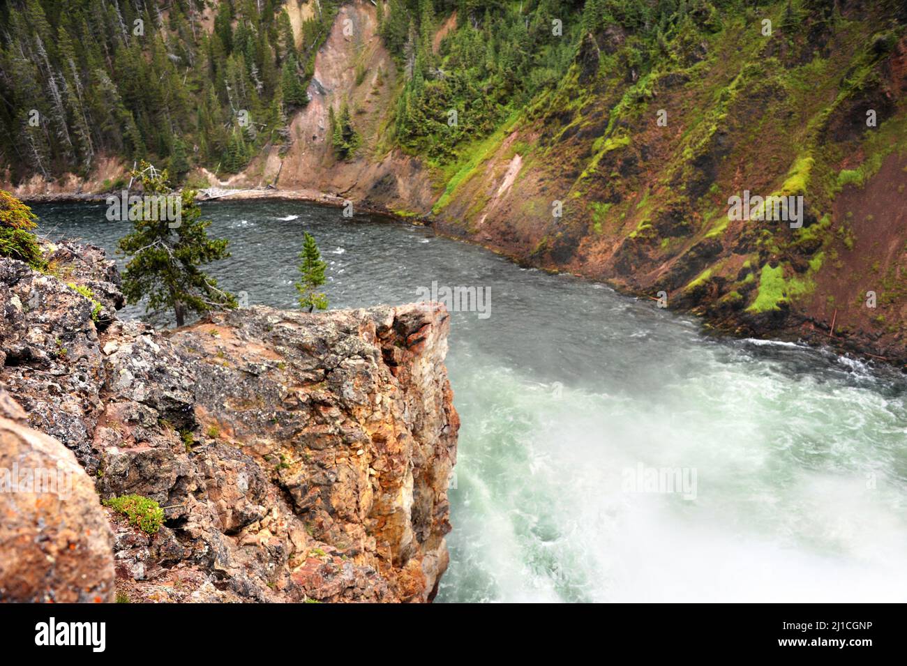 Rocky outcrop forces the Yellowstone River to turn, at the bottom of ...
