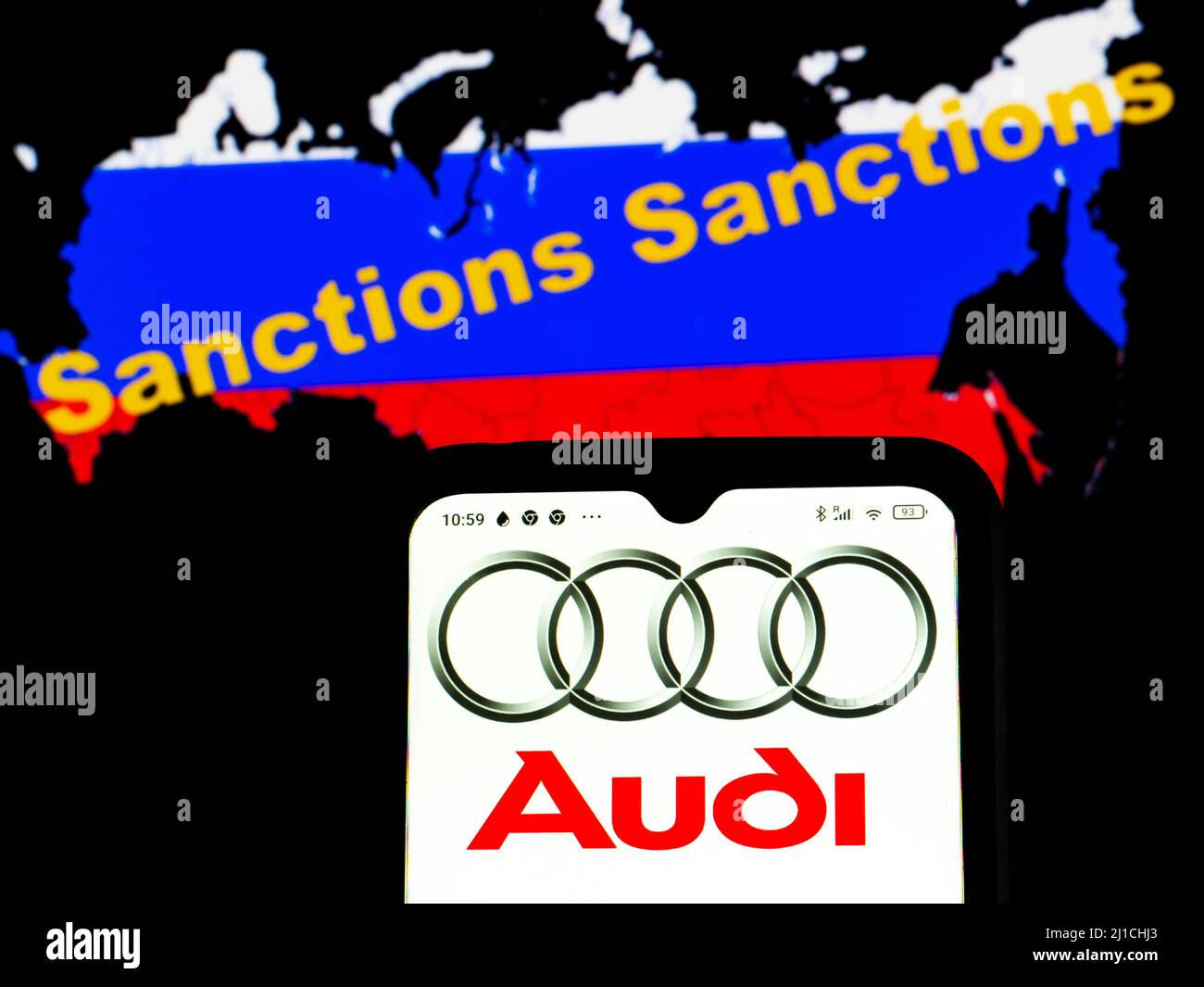 Germany. 20th Mar, 2022. In this photo illustration, the Audi logo is ...