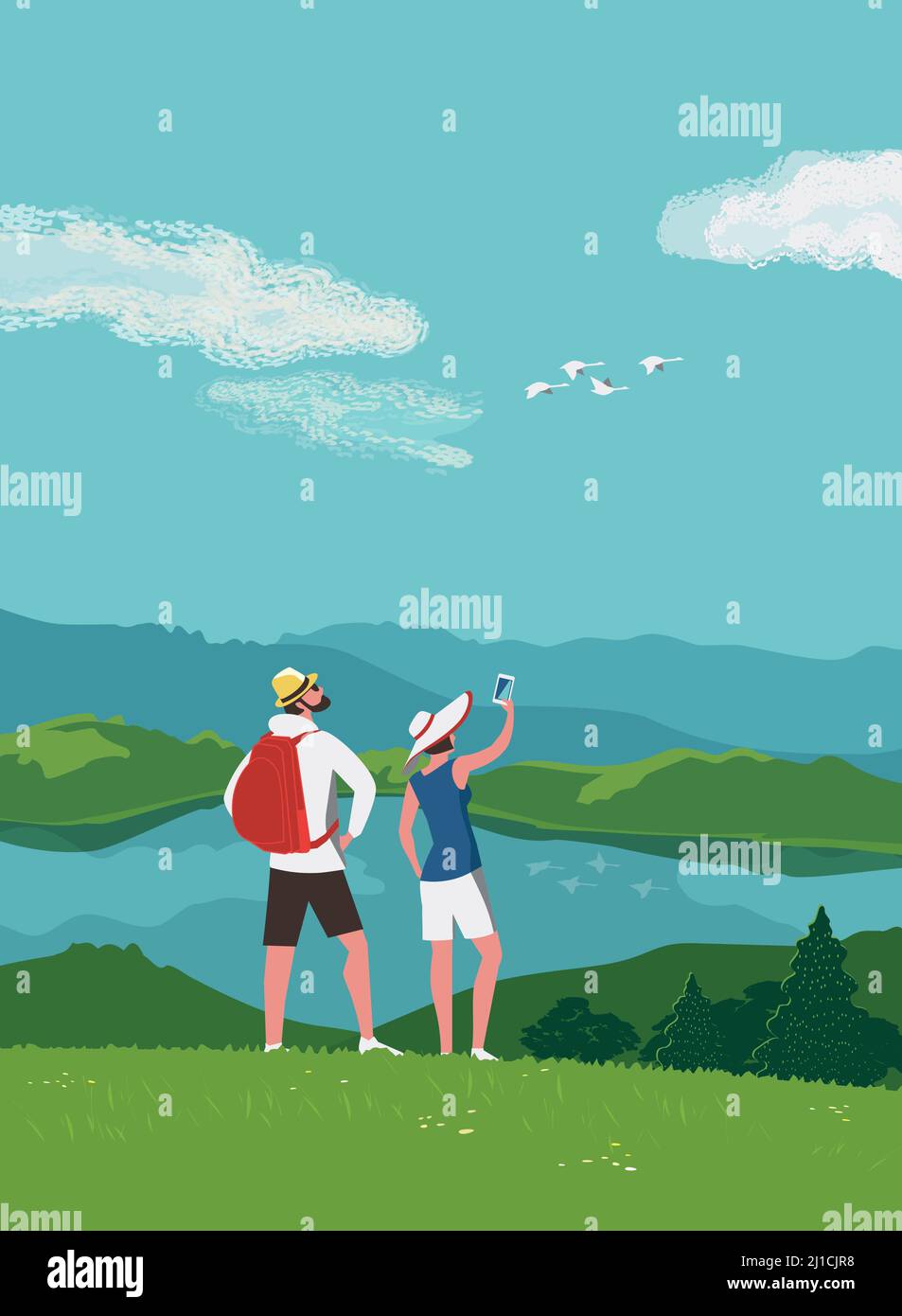 Tourist Couple enjoy Mountain Lake Landscape. Tourist Travel Adventure ...