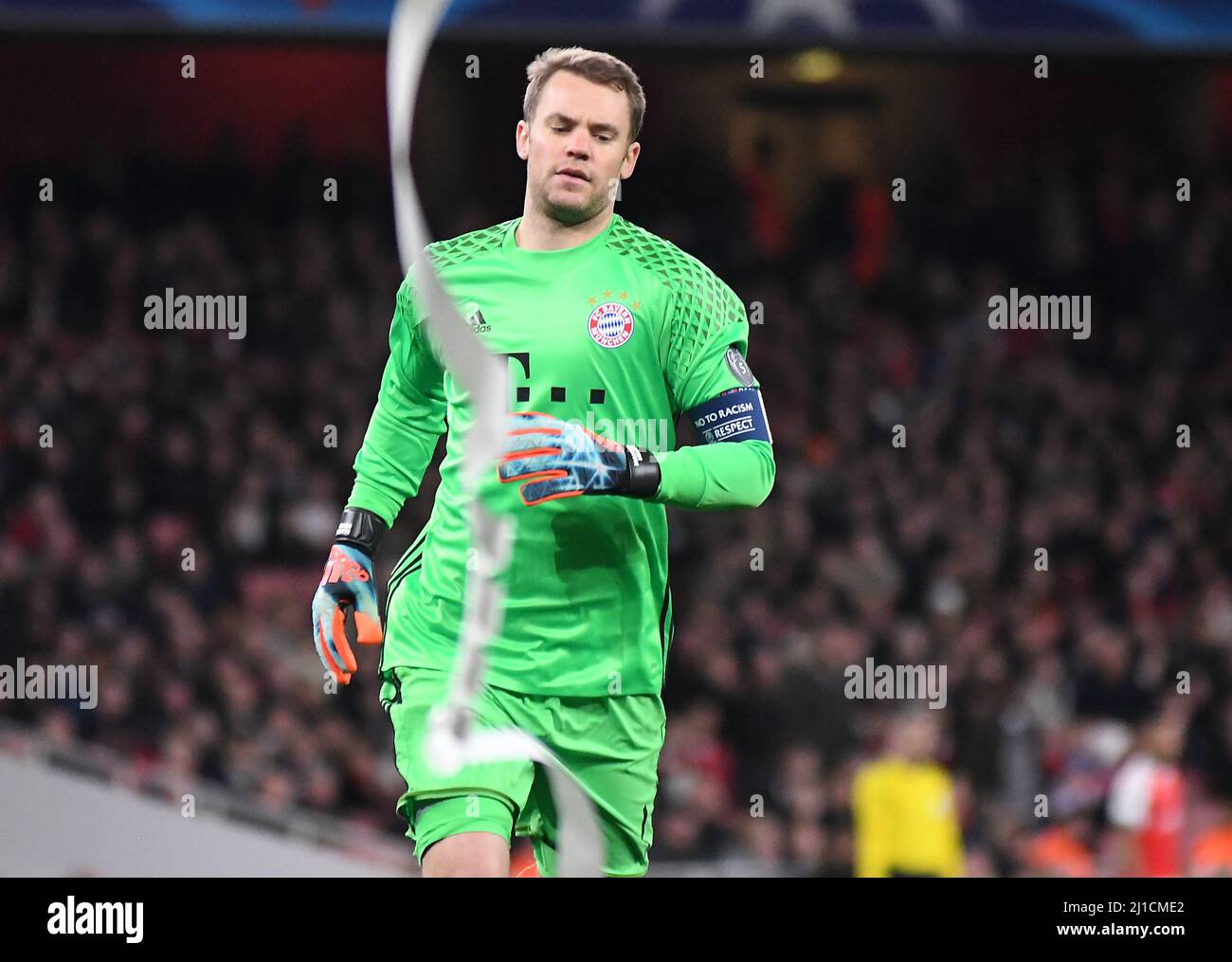 LONDON, ENGLAND - MARCH 7, 2017: Manuel Neuer cleans the pitch after ...