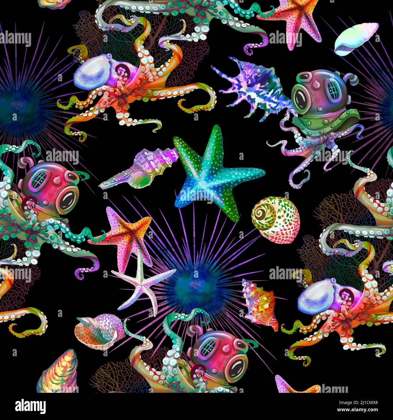 watercolor seamless drawing of sea creatures. Octopuses, starfish and ...