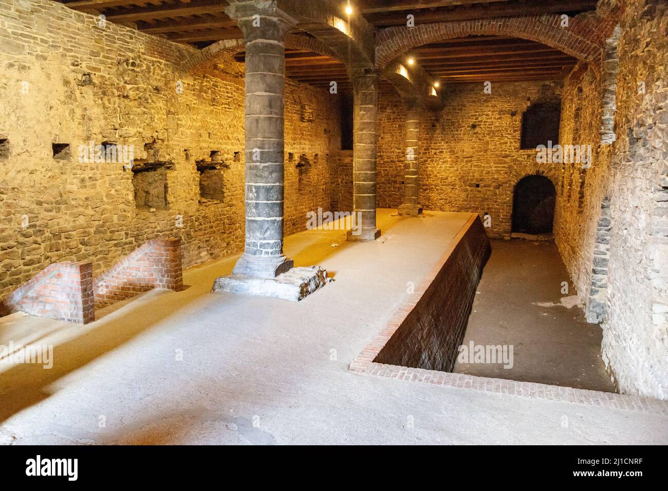 The interior of medieval Gravensteen stone castle in Ghent, Belgium ...