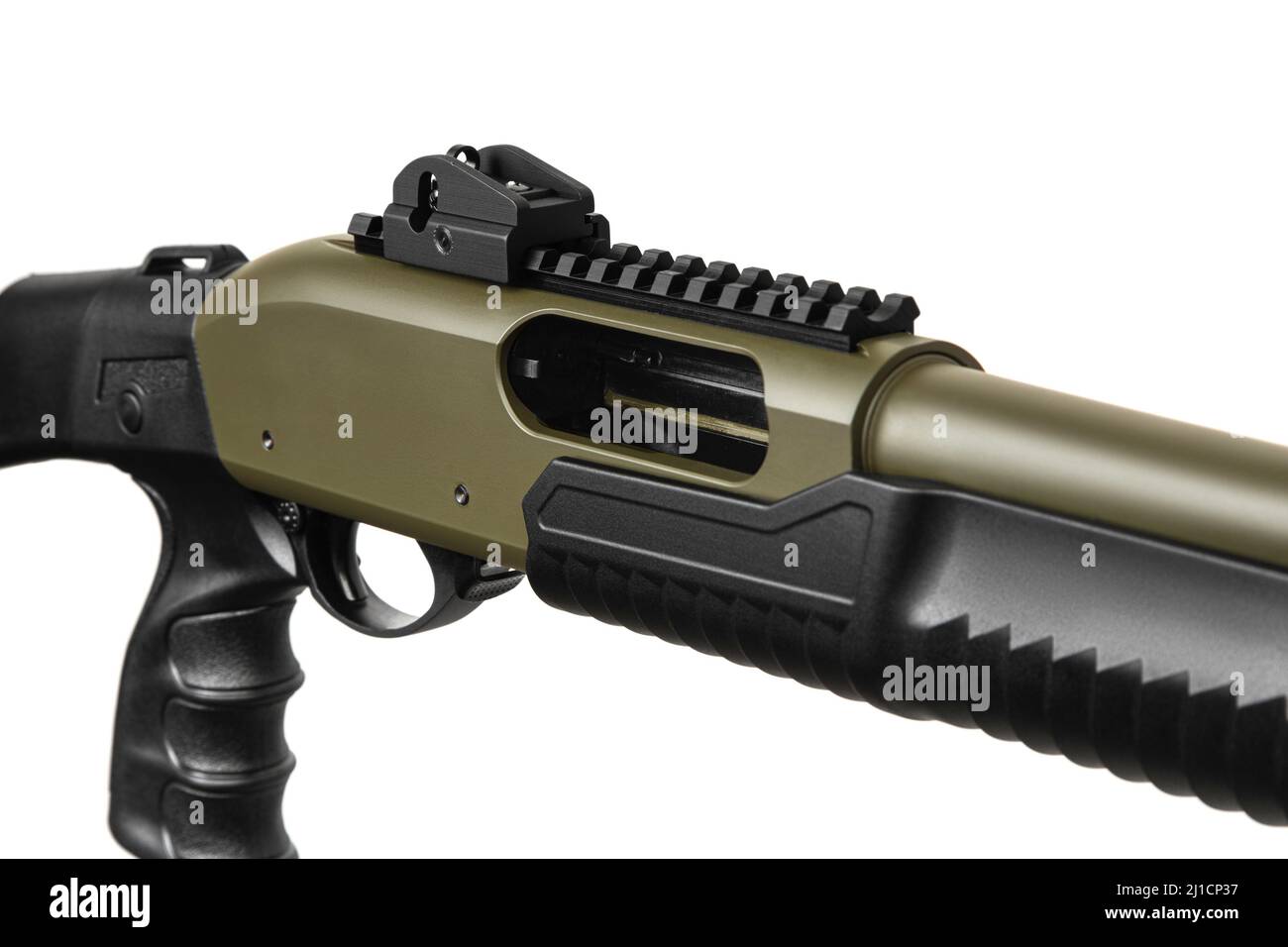 Pump-action 12 gauge shotgun isolated on a white background. Close-up ...