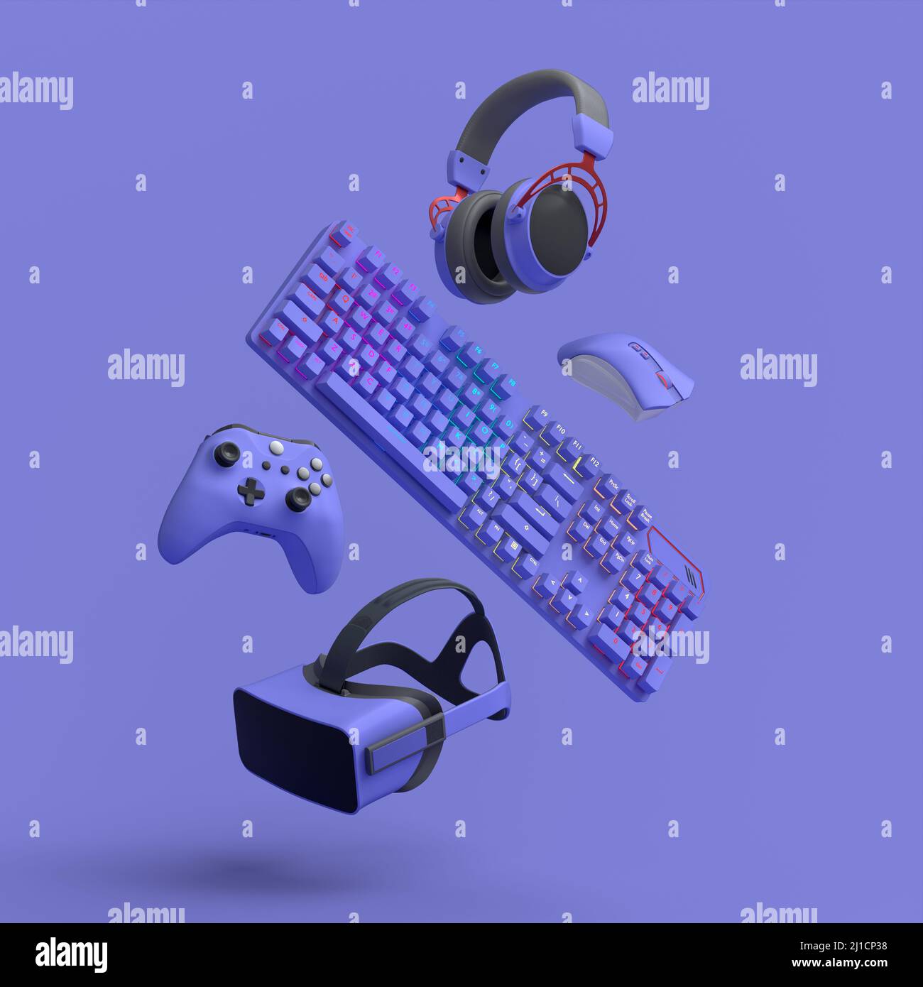Flying gamer gears like mouse, keyboard, joystick, headset, VR Headset ...