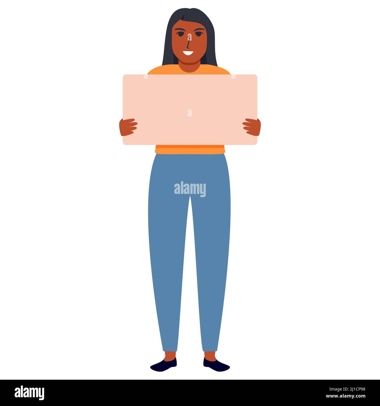 Girl holding a blank poster with place for text.Vector flat ...
