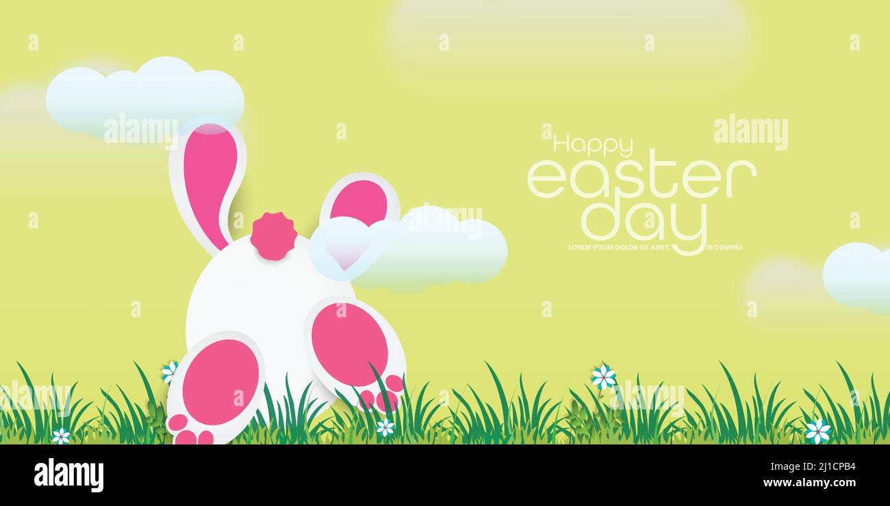Vector Illustration of Easter poster and banner with rabbits on grass ...