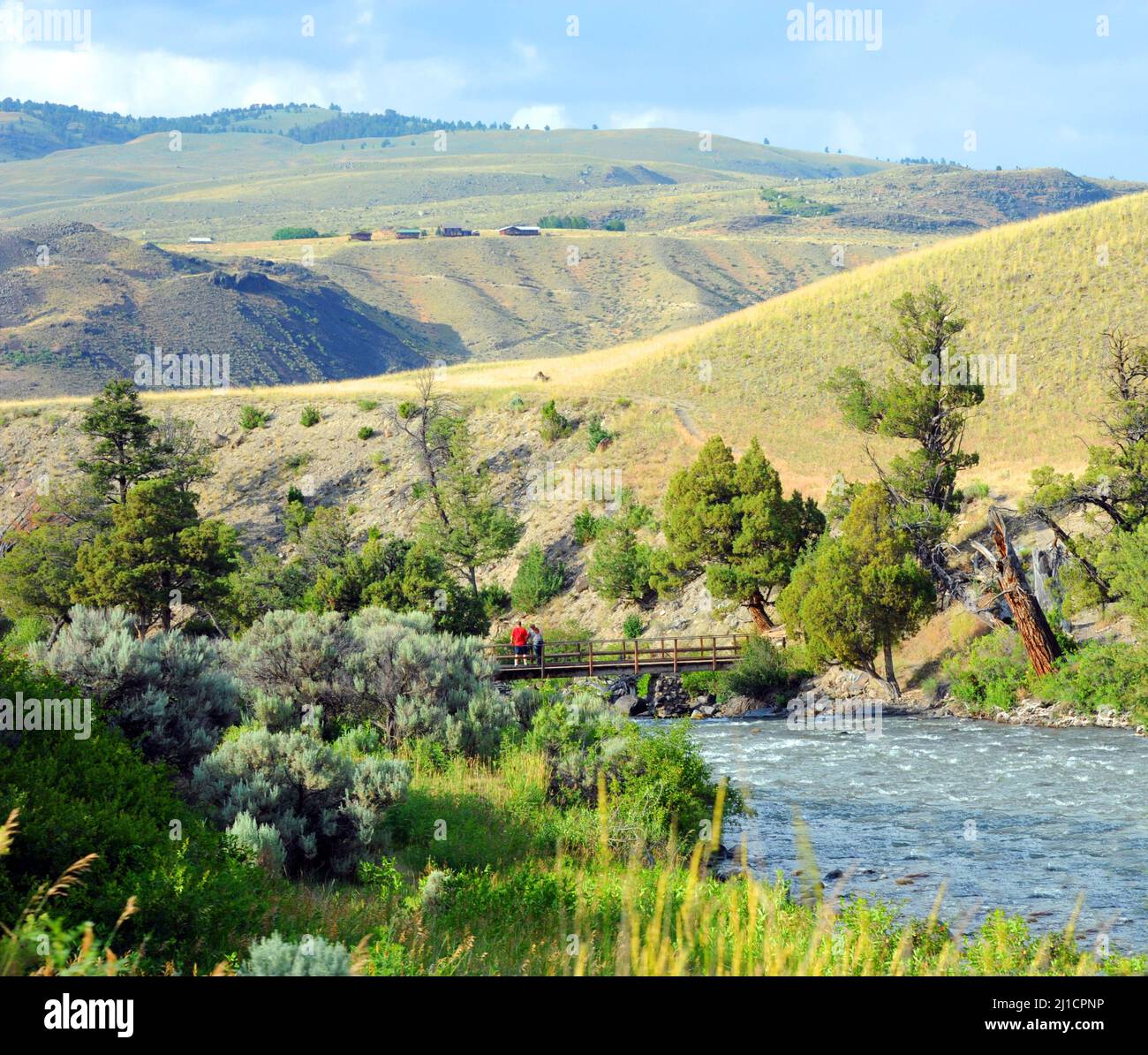 Man and woman lean on a footbridge that crosses the Gardner River in ...