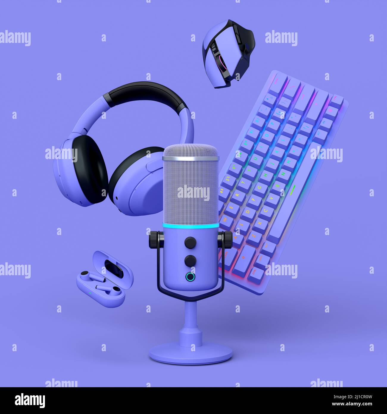 Flying gamer gears like mouse, keyboard, joystick, headset, VR Headset ...