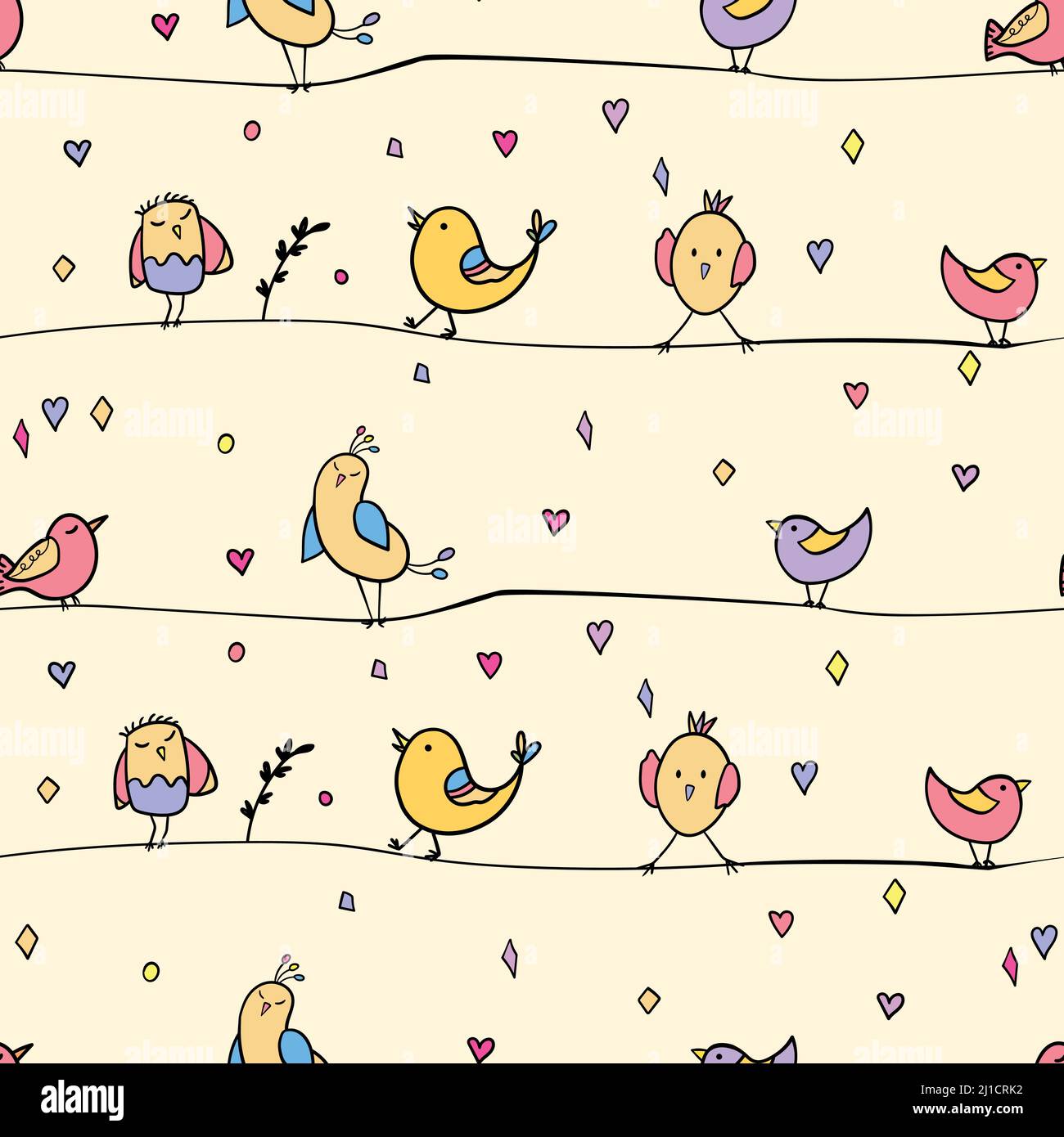 Seamless pattern with funny colorful birds sitting on wires. Color flat ...