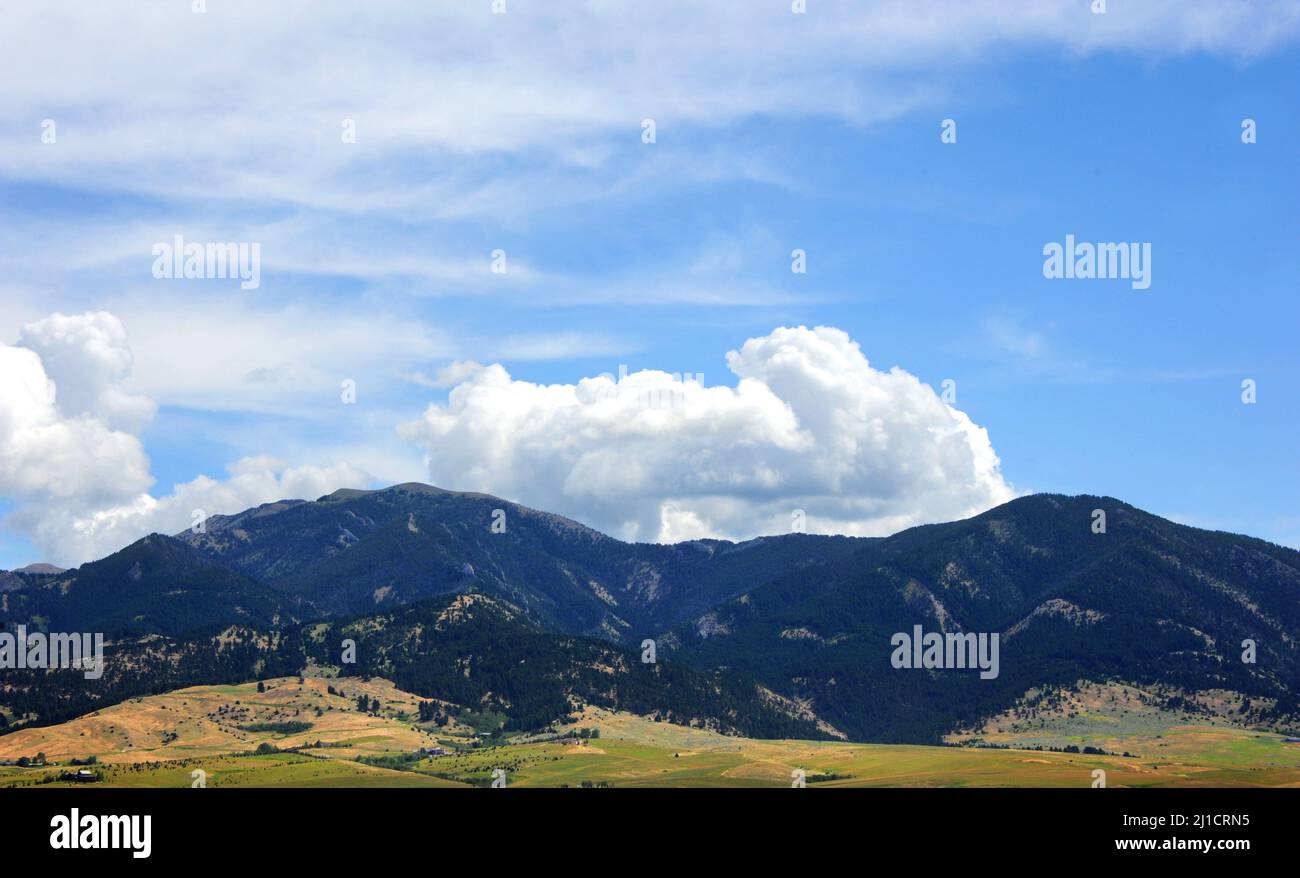 Bridger Mountain Range, near Bozeman, Montana, is covered in trees and ...
