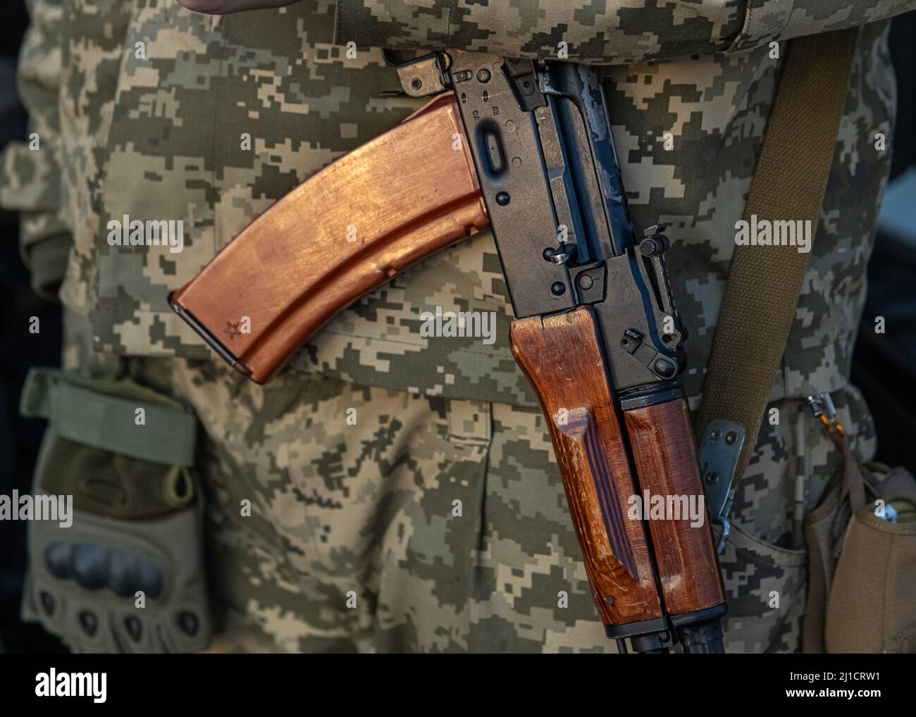 An AK-47 belonging to a member of Ukraine's Territorial Defence Forces ...