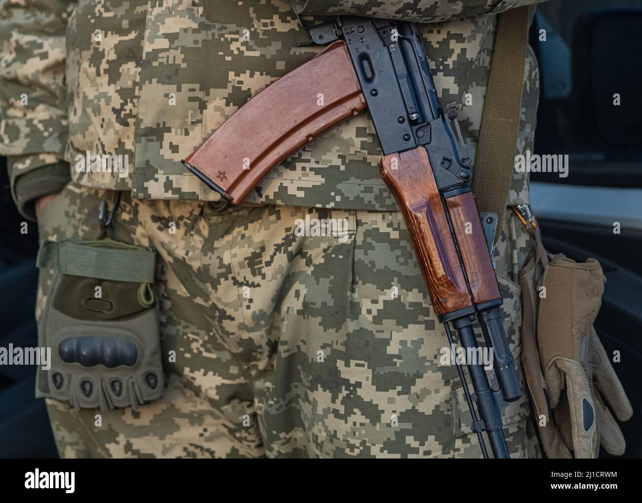 An AK-47 belonging to a member of Ukraine's Territorial Defence Forces ...