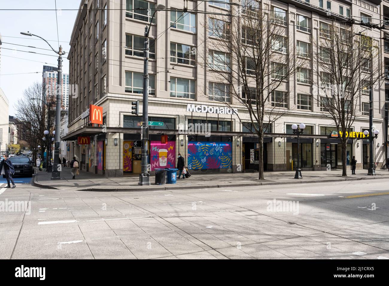 Seattle, USA. 24th Mar, 2022. The boarded up McDonalds on 3rd and Pine ...