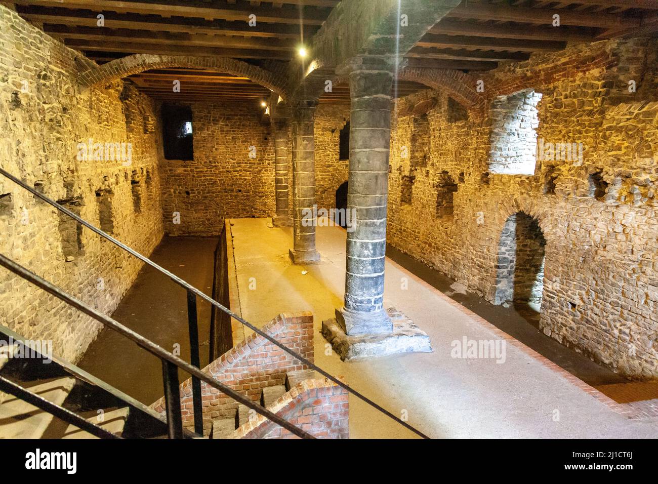 The interior of the Gravensteen medieval stone castle in Ghent, Belgium ...