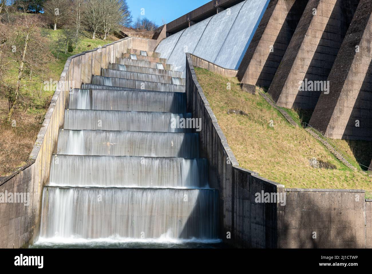 Long exposure of the waterfalls flowing over Wimbleball dam in Somerset ...
