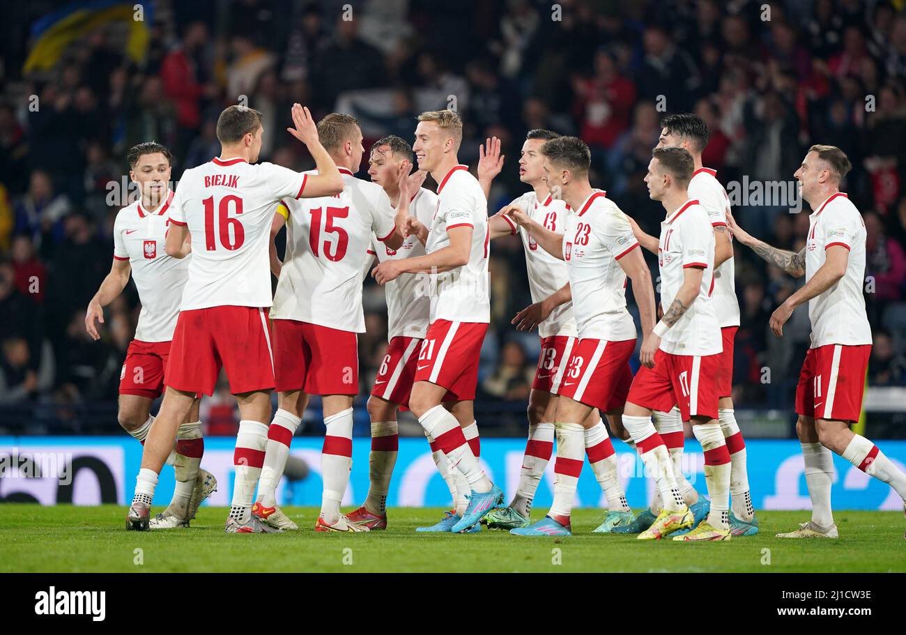 Poland players celebrate their first goal of the game during the ...