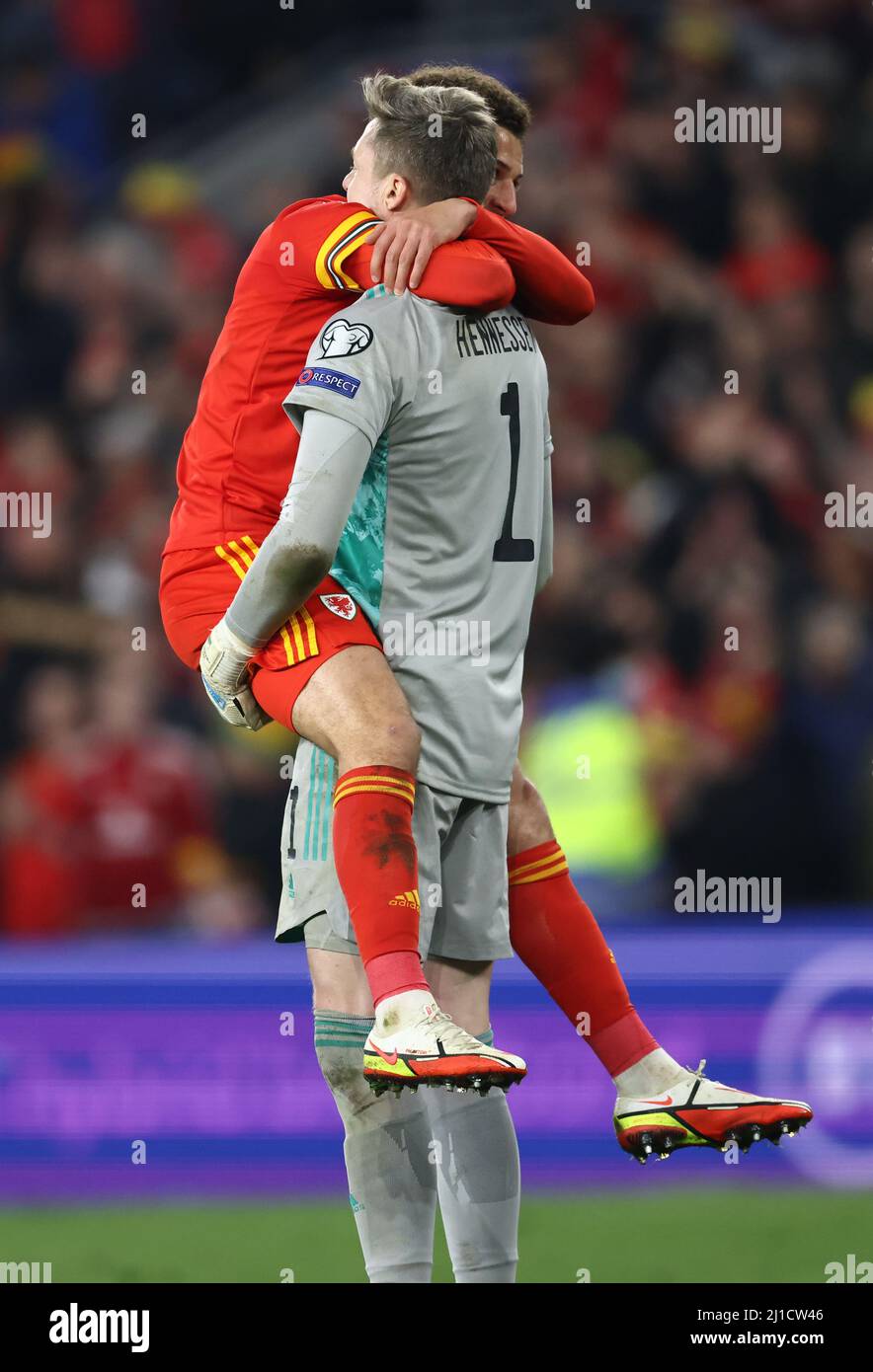 Cardiff, Wales, 24th March 2022. Ethan Ampadu of Wales celebrates with ...