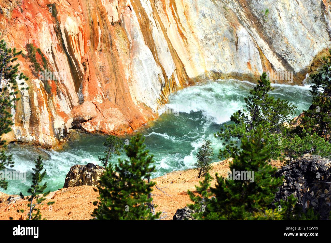 Sheer canyon walls, of the Grand Canyon of the Yellowstone, form ...