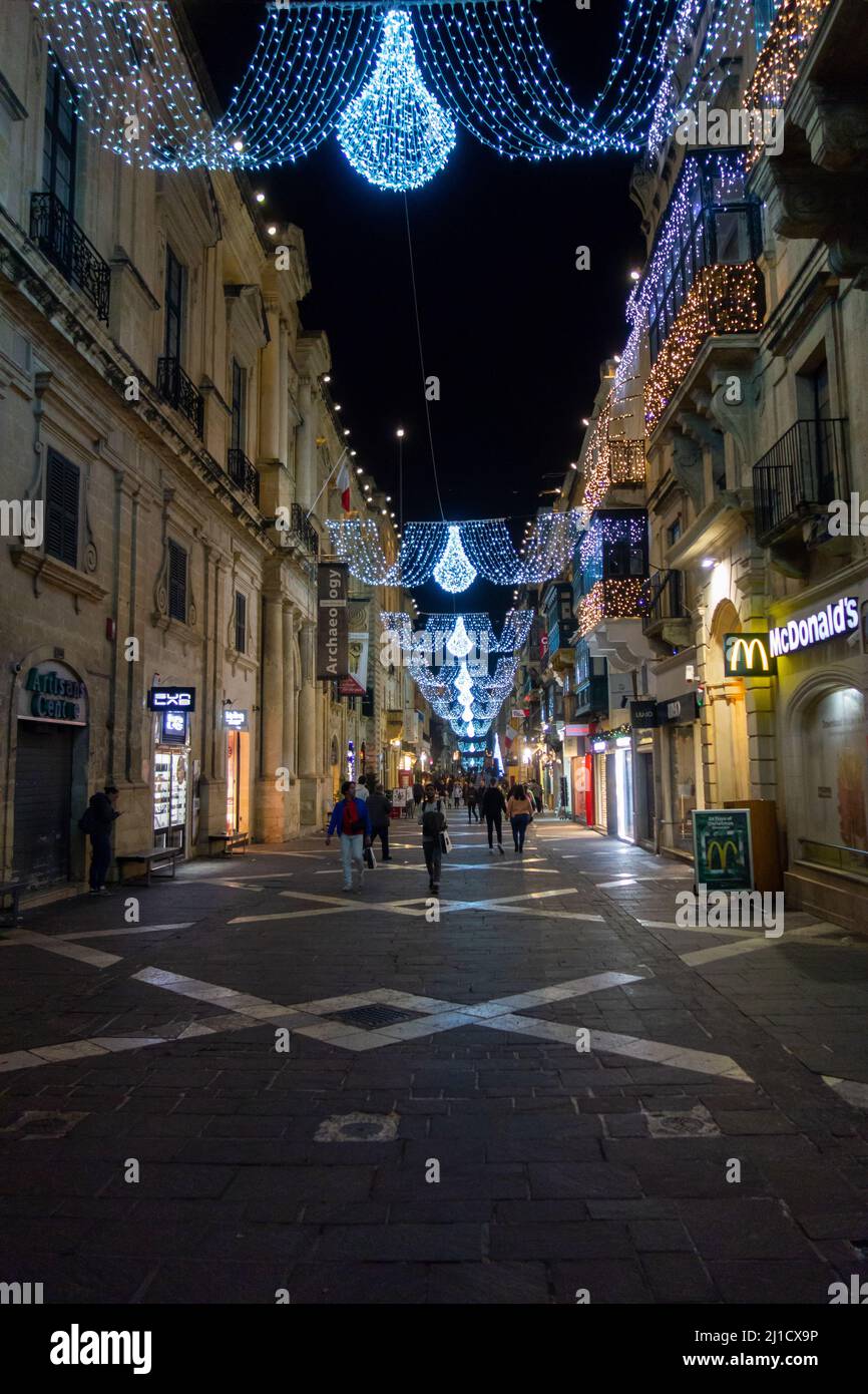 Christmas decorations light up the medievil city of Valletta, Malta ...