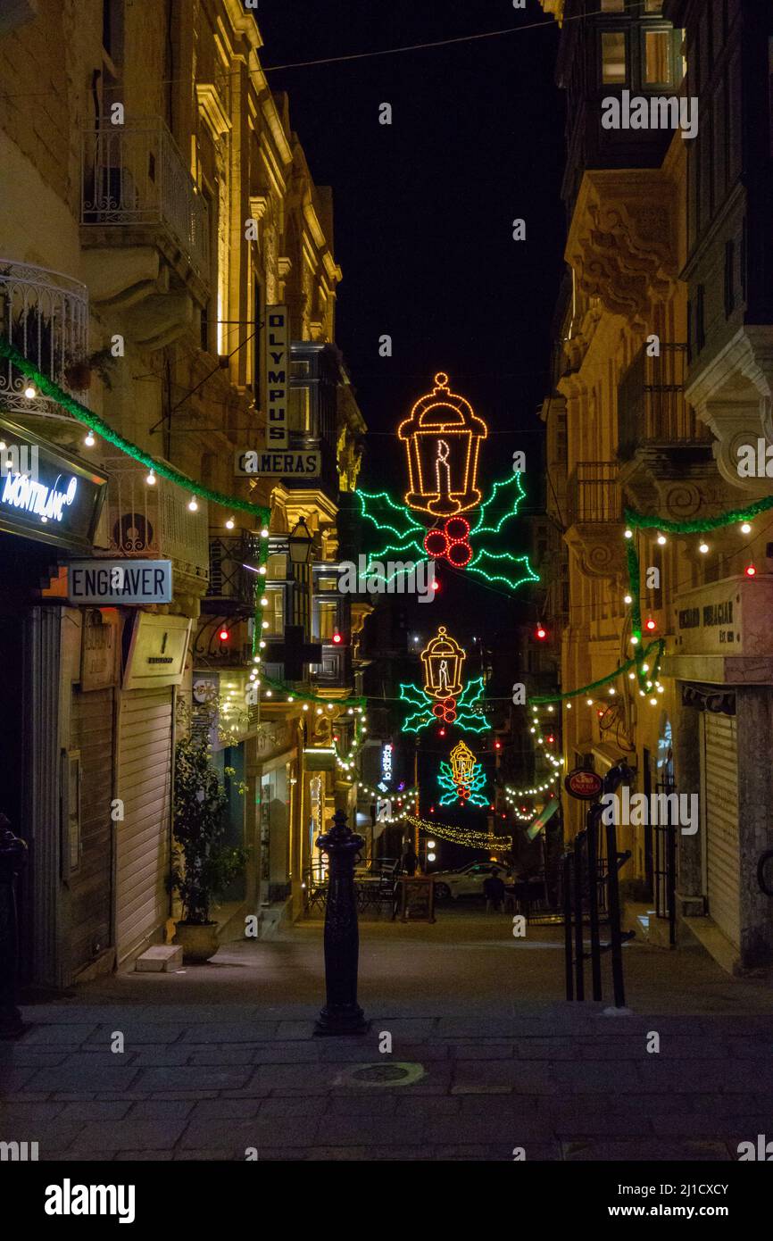 Christmas decorations light up the medievil city of Valletta, Malta ...