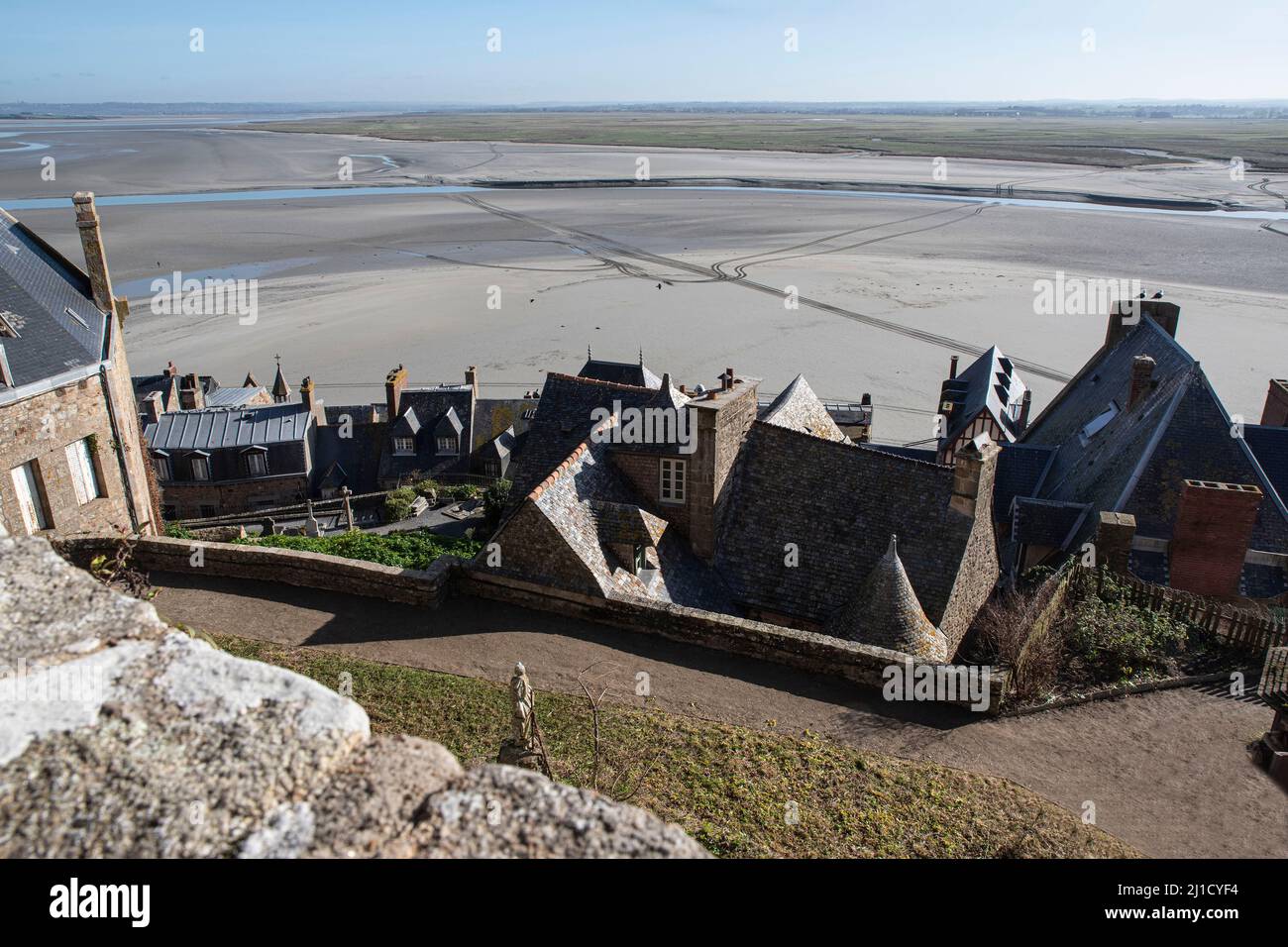 Bay and houses of the ramparts of the Mont Saint Michel in Normandy ...