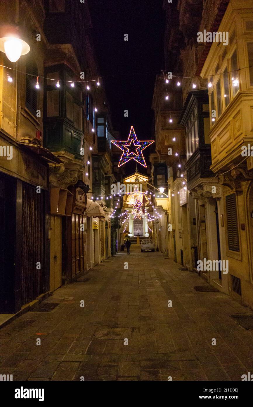 Christmas decorations light up the medievil city of Valletta, Malta ...