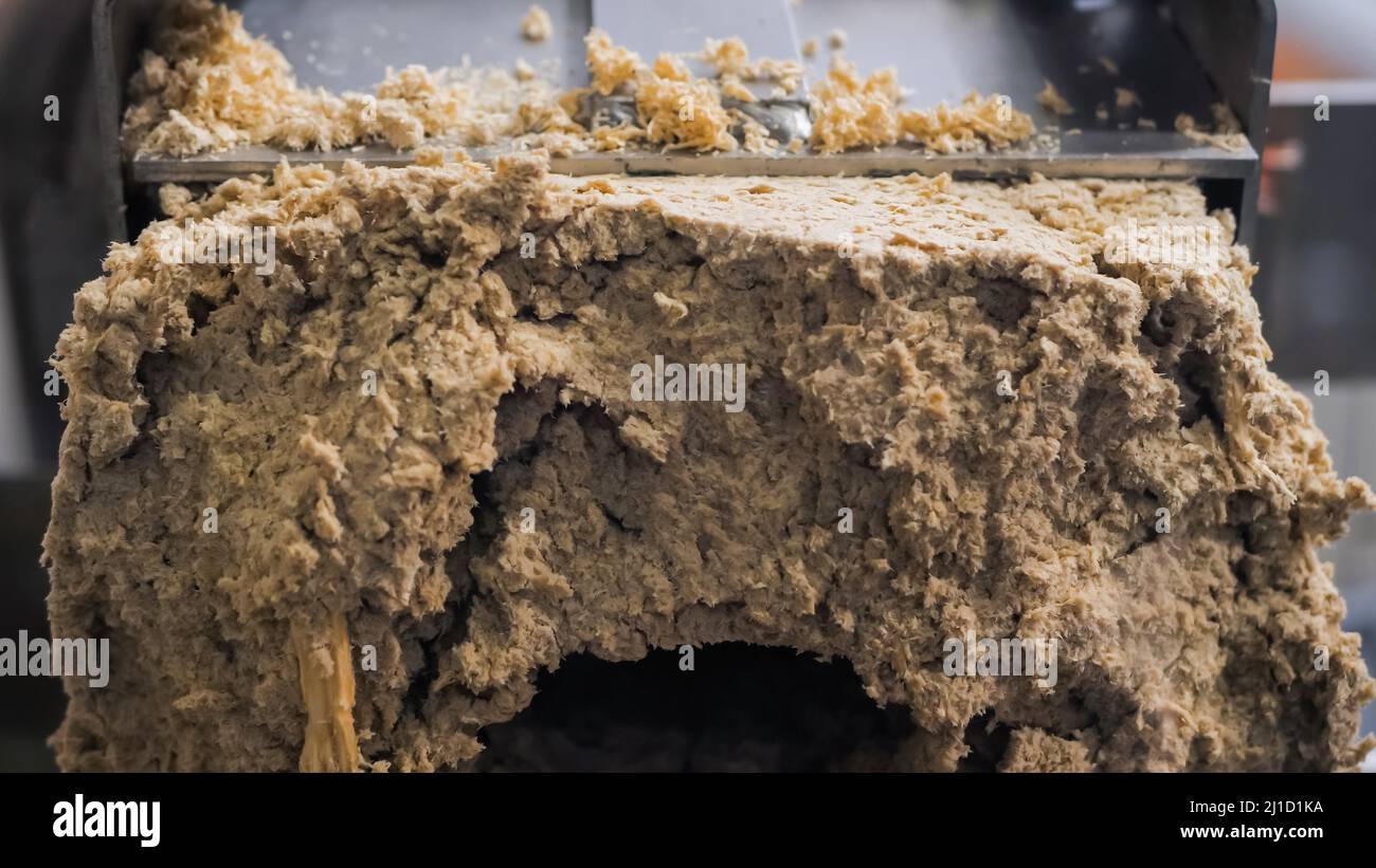 Feed extruder machine - pet mixed food production line: close up view ...