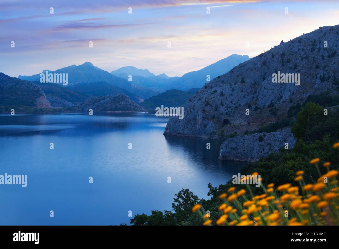 Summer mountains landscape with lake in dawn Stock Photo - Alamy