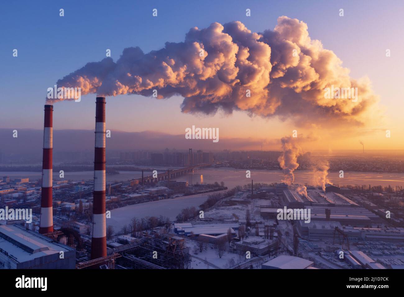 Plant pipe high above the clouds. Harmful emissions into the upper ...