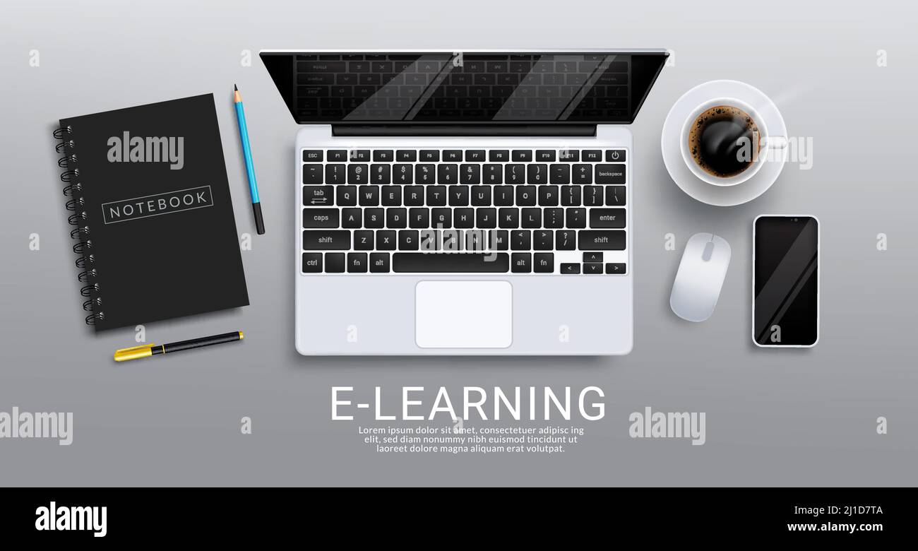Elearning online school vector design. E-learning text with online ...