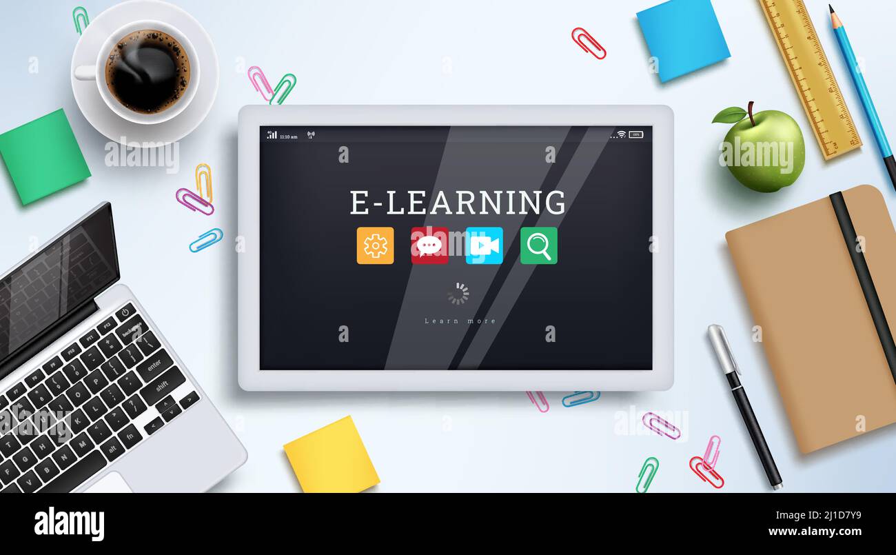 Elearning education vector background design. E-learning text in tablet ...