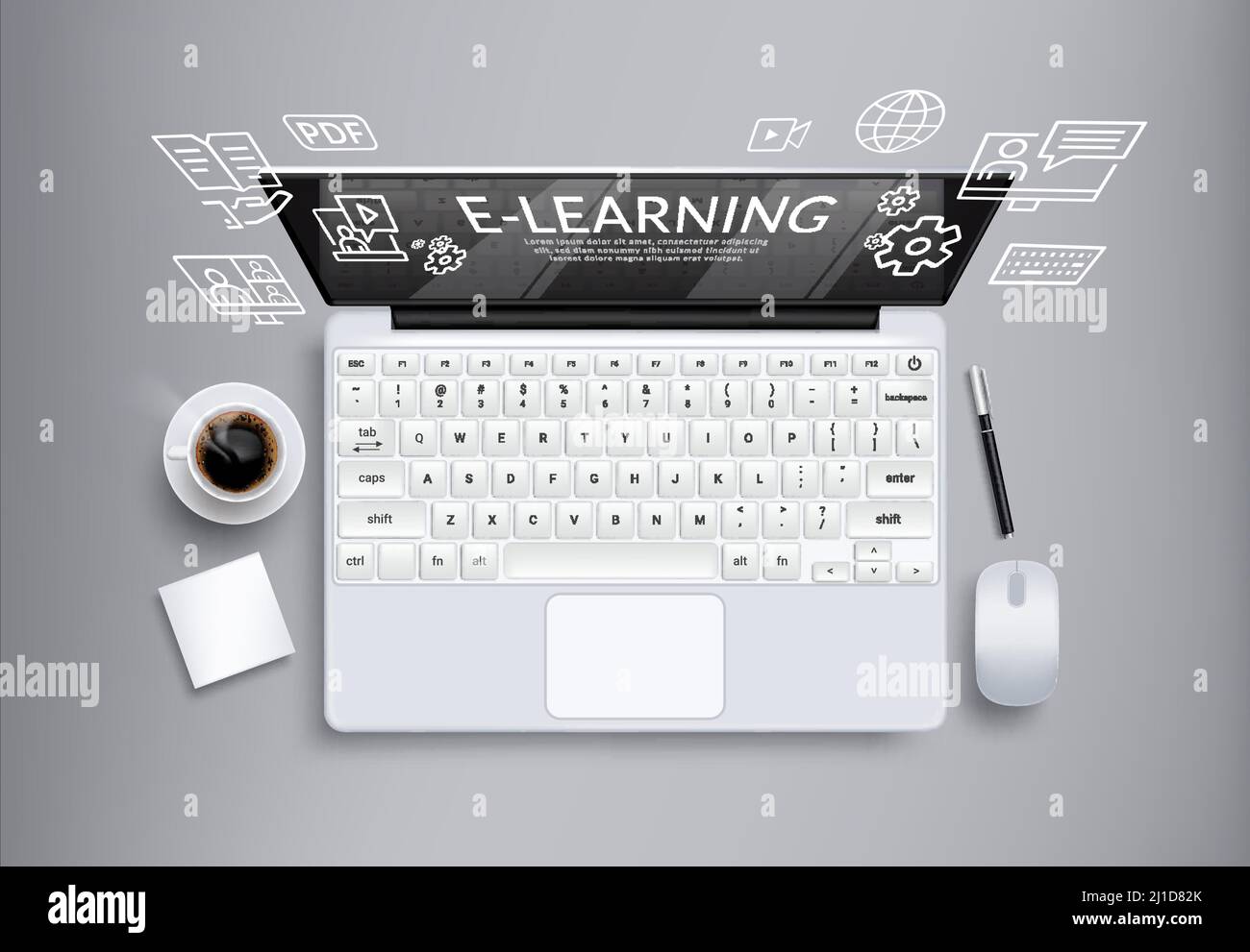 E-learning vector concept design. Elearning text with laptop learning ...