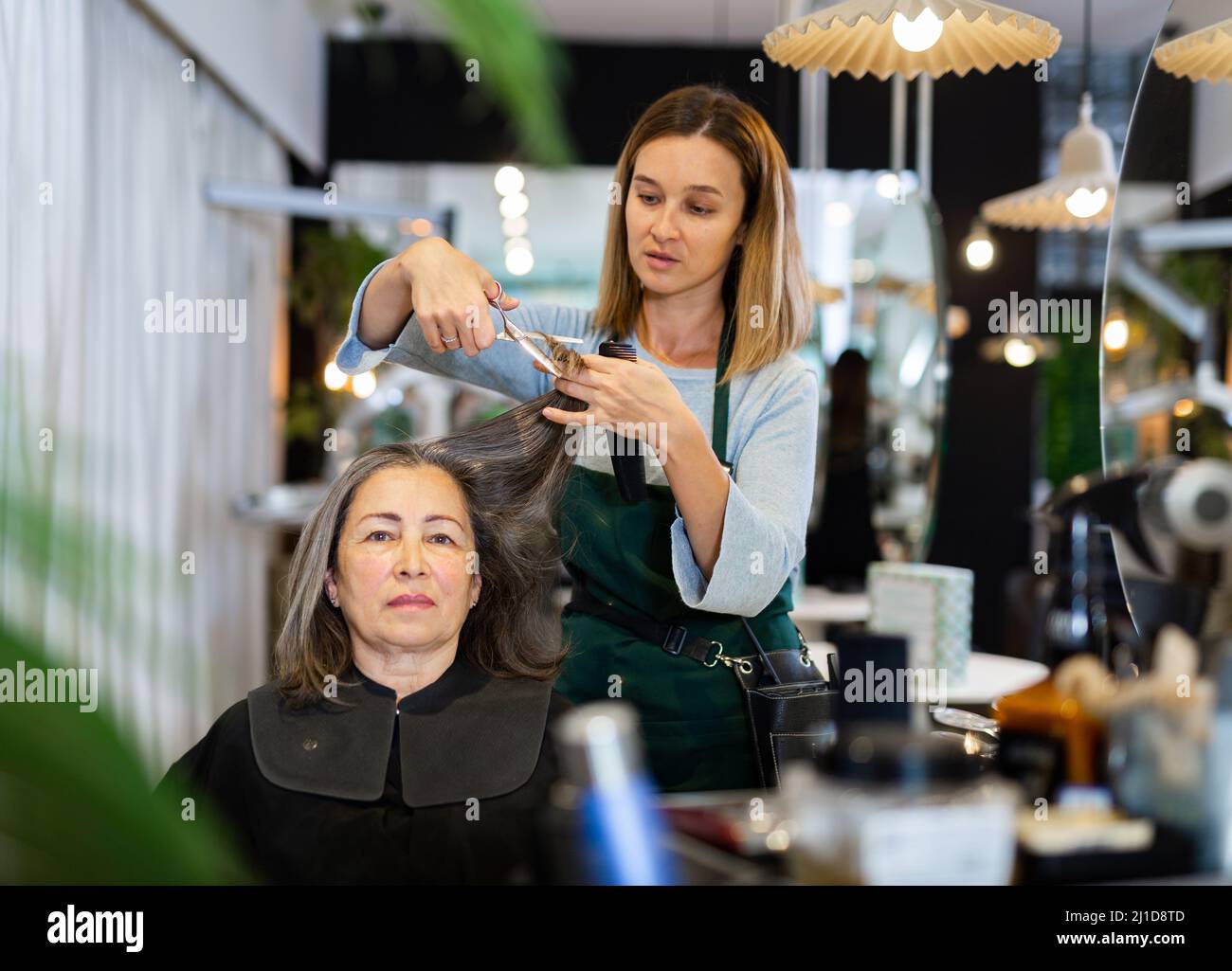 Positive aged woman sitting in chair in hair stylist making hairstyle ...