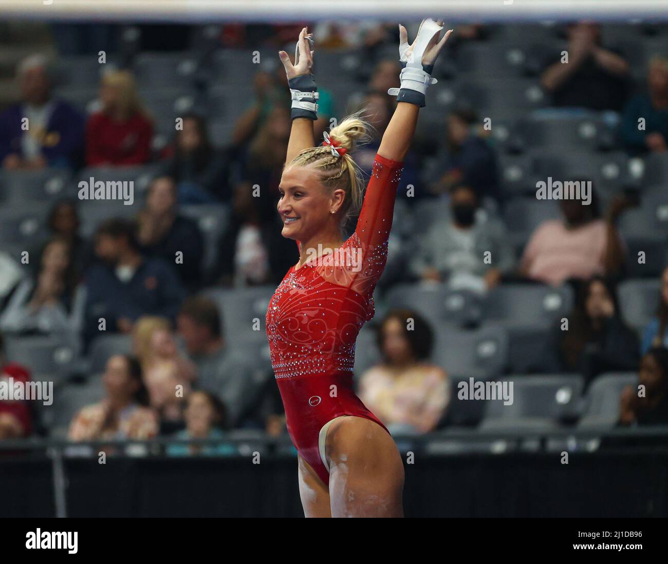 Birmingham, AL, USA. 19th Mar, 2022. Arkansas' Sarah Shaffer salutes ...