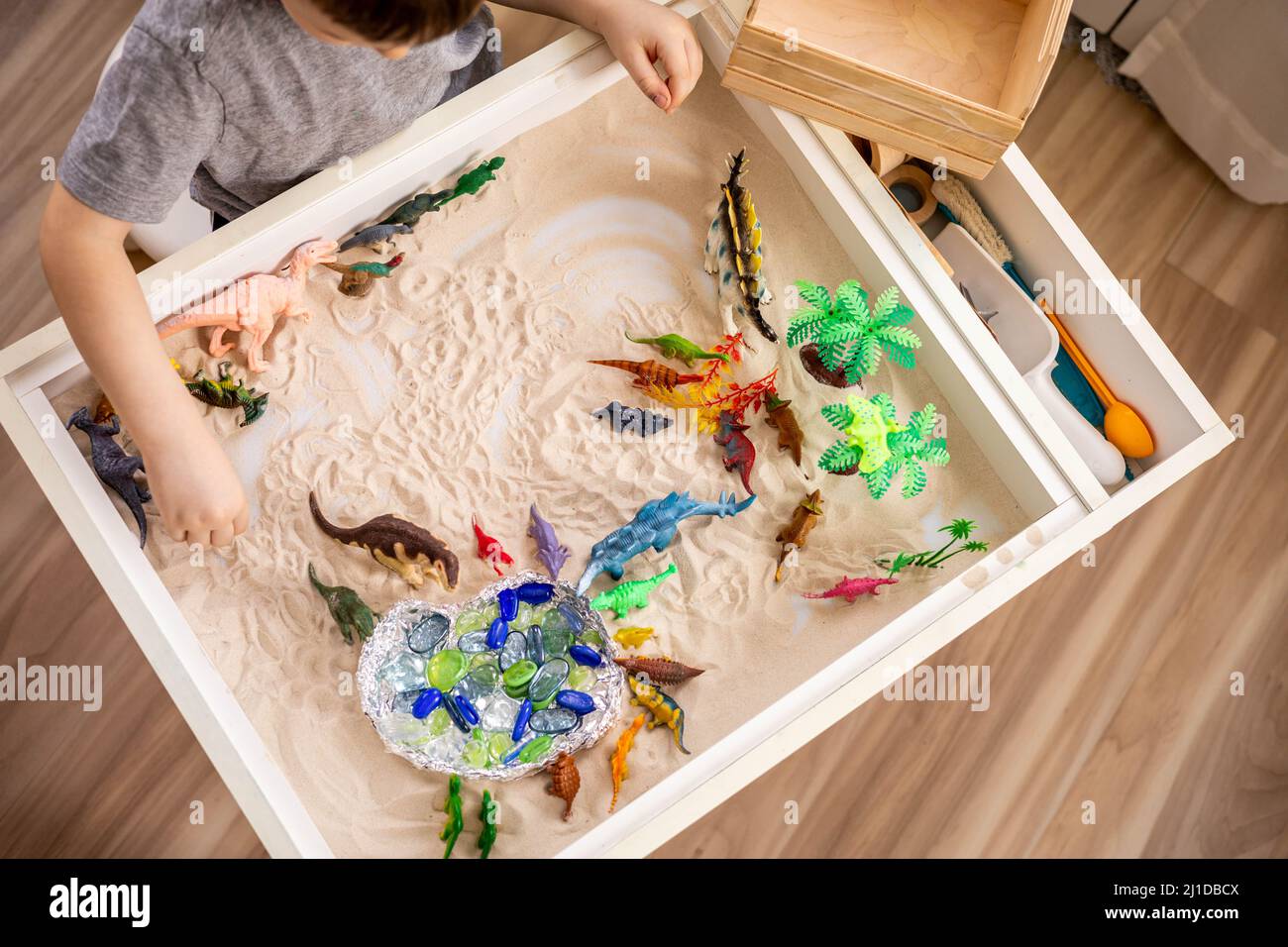 Top view cute little baby boy playing sensory box dinosaur world with ...