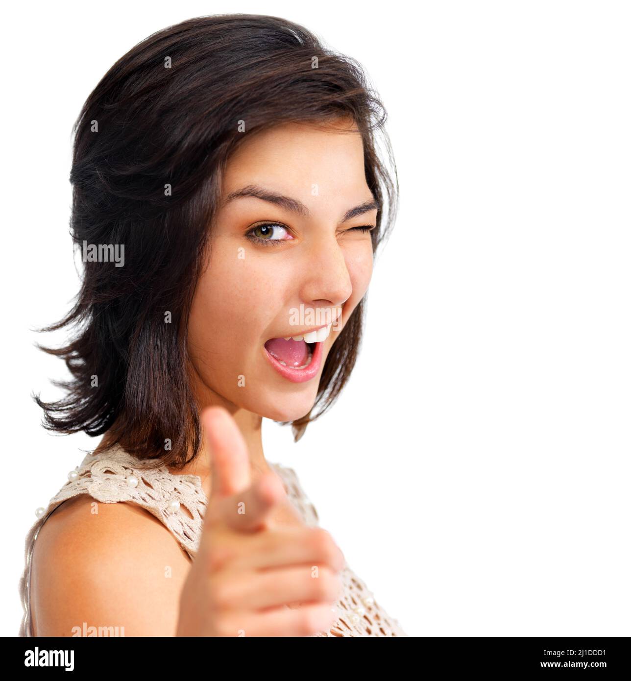 Heres looking at you kid. Pretty young woman pointing at the camera and ...